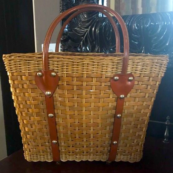 Bags | Vintage Top Handle Basket Purse With Leather Handles | Poshmark